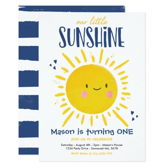 Sunshine Birthday Party Navy Our Little Sunshine Invitation | Zazzle.com