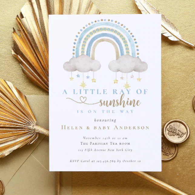 Sunshine Blue Boho Rainbow Boy Baby Shower Invitation | Zazzle