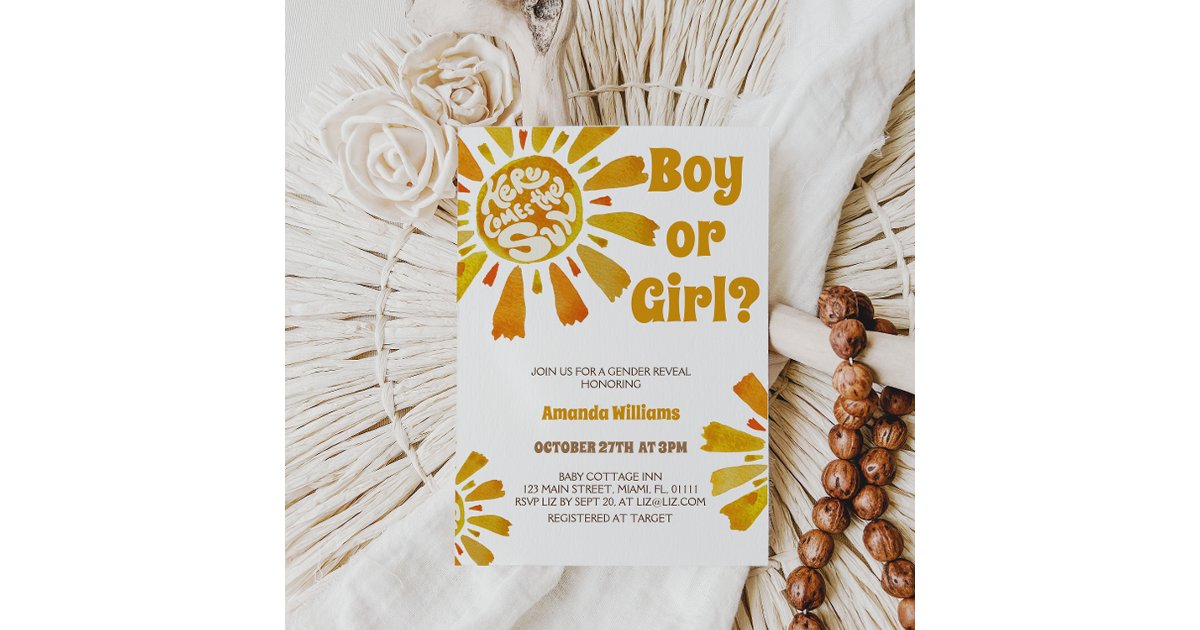 Sunshine Gender Reveal Here Comes The Sun Themed Invitation | Zazzle
