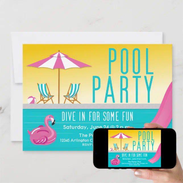Sunshine & Pink Flamingo Pool Party Invitation | Zazzle