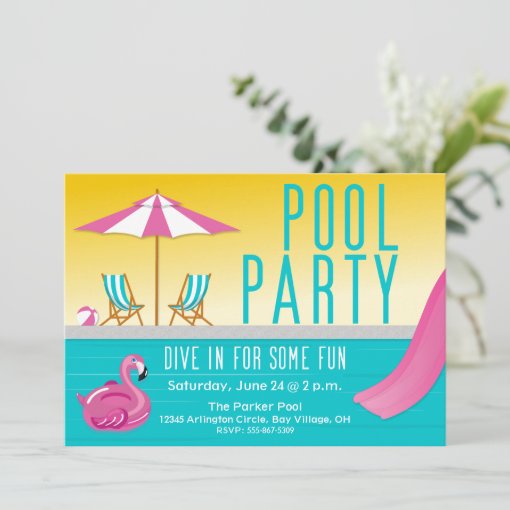 Sunshine & Pink Flamingo Pool Party Invitation | Zazzle