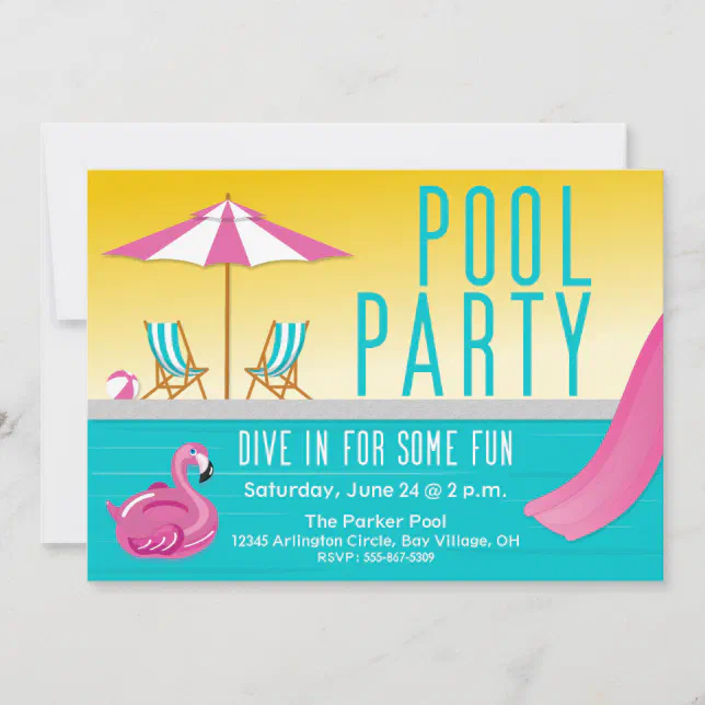 Sunshine & Pink Flamingo Pool Party Invitation | Zazzle