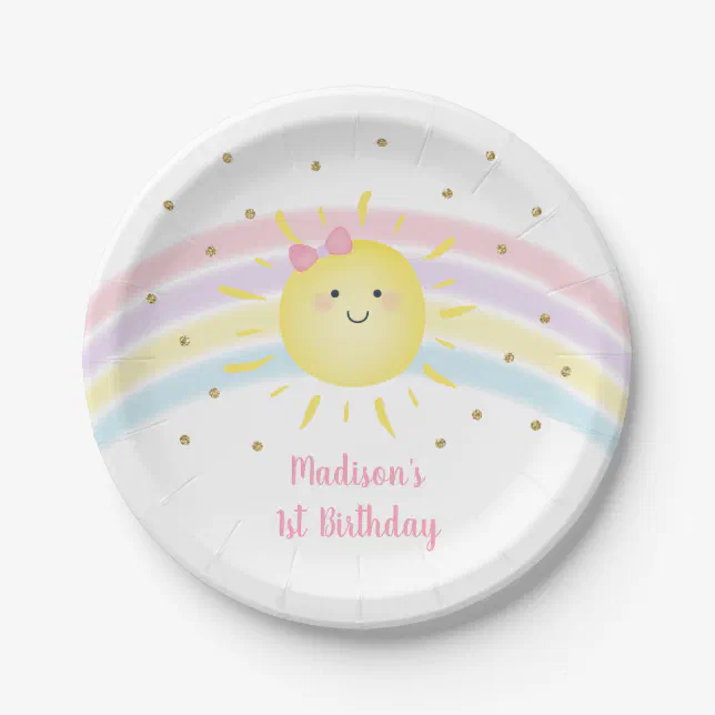 Sunshine Rainbow Pink Gold Pastel Birthday Paper Plates | Zazzle