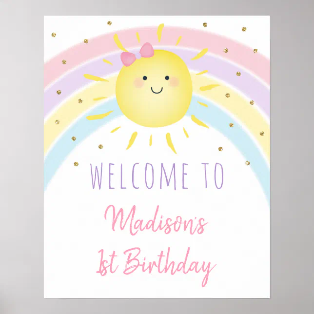 Sunshine Rainbow Pink Gold Pastel Birthday Welcome Poster | Zazzle