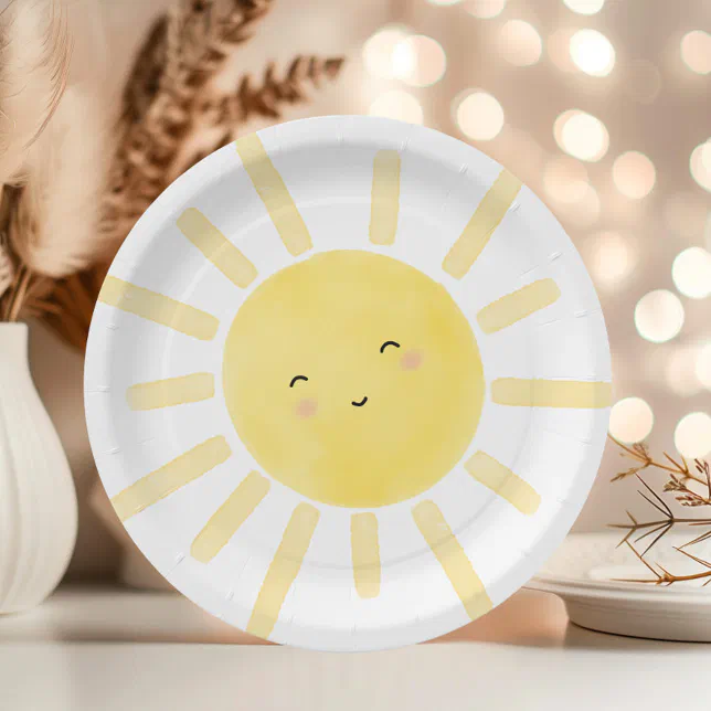 Sunshine, sun minimalist birthday party paper plates | Zazzle
