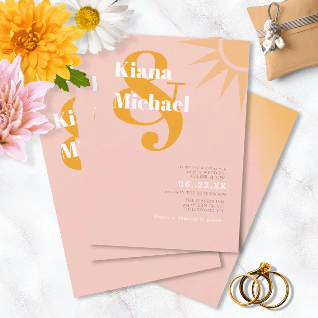 Sunshine Typography Wedding Pink Peach ID1048 Invitation | Zazzle