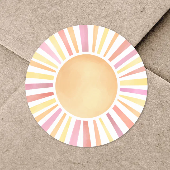 Sunshine Watercolor Pink Sun Classic Round Sticker | Zazzle