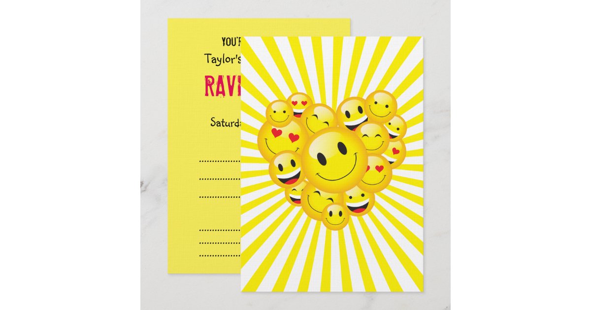Sunshine Yellow Happy Smile Faces Rave Party Invitation | Zazzle