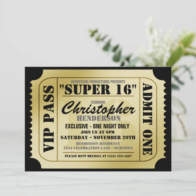 Super 16 VIP Ticket Style Party Invitations | Zazzle