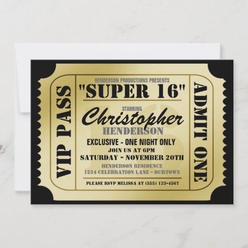 Super 16 VIP Ticket Style Party Invitations | Zazzle
