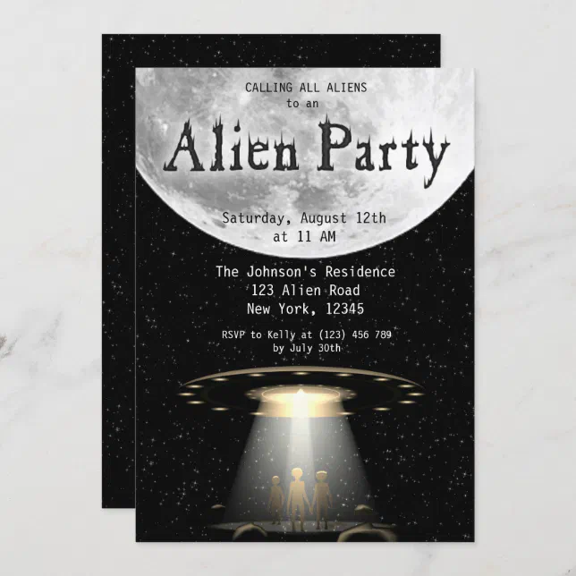 Super Cool Black & White Alien & UFO Party Invite | Zazzle
