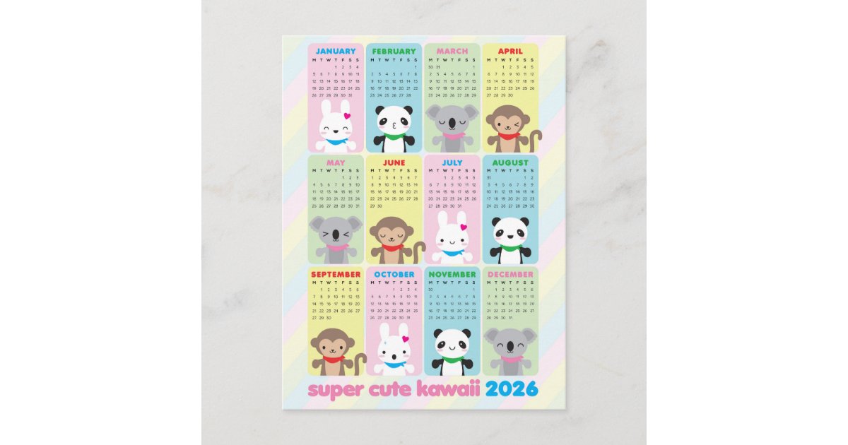 Super Cute Kawaii Animals 2026 Calendar Postcard | Zazzle
