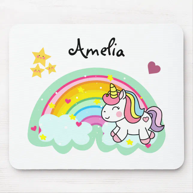 Super Cute Unicorn and Rainbow Personalised Mouse Pad | Zazzle