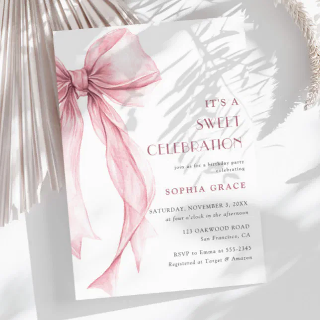 Super Elegant Pink Coquette Bow Girl Birthday Invitation | Zazzle