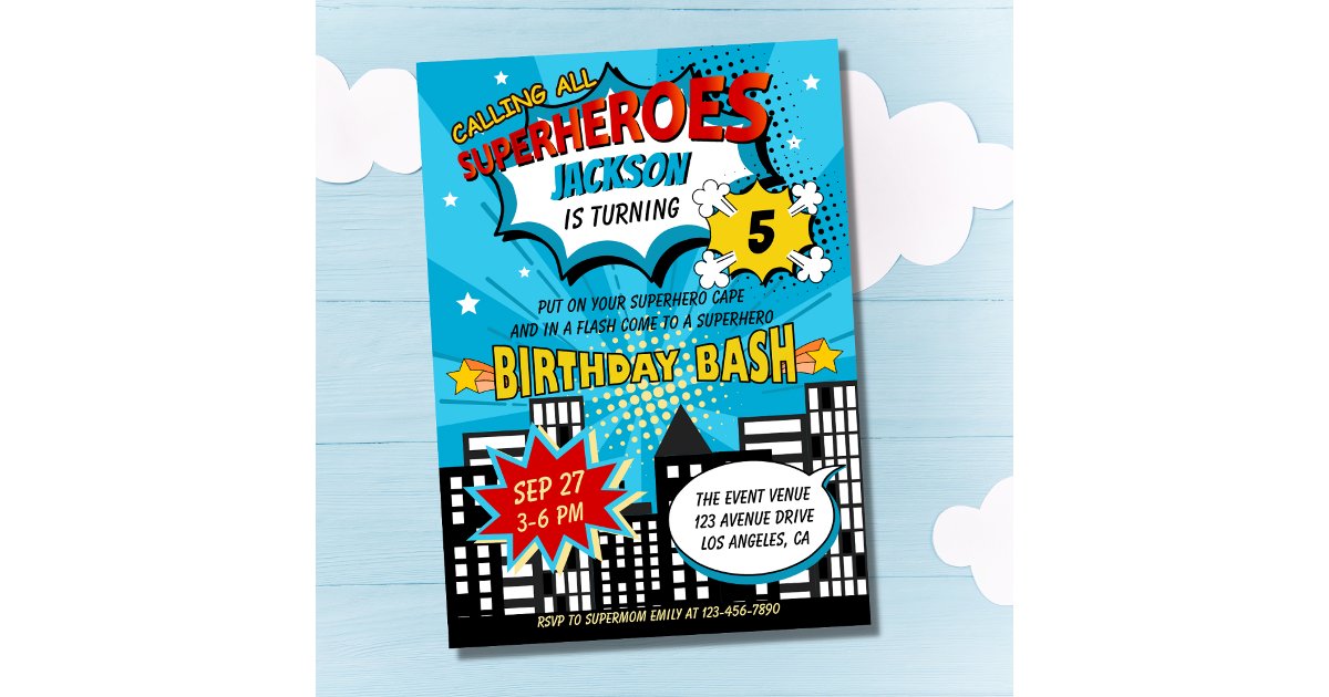 Super Hero Comic Book Style Boy Birthday Blue Invitation | Zazzle