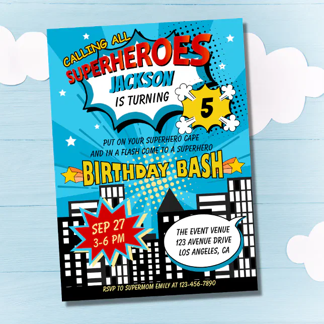 Super Hero Comic Book Style Boy Birthday Blue Invitation | Zazzle