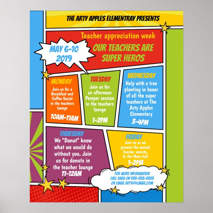 super hero Teacher Appreciation Week Itinerary Poster | Zazzle