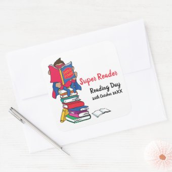 Super reader boy on books reading day square sticker | Zazzle
