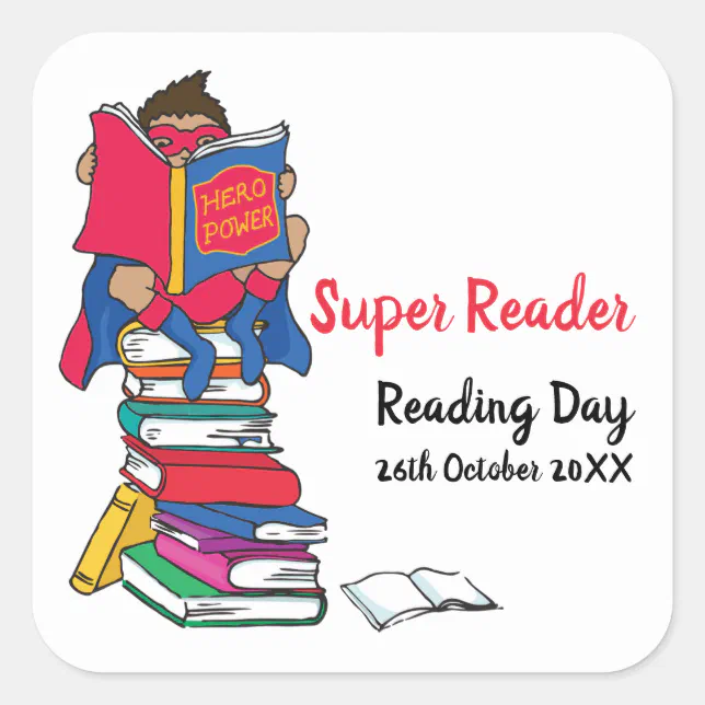 Super reader boy on books reading day square sticker | Zazzle
