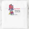 Super reader boy on books reading day square sticker | Zazzle