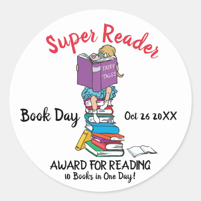 Super reader girl on books reading book day award classic round sticker ...