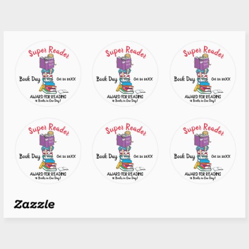 Super reader girl on books reading book day award classic round sticker ...