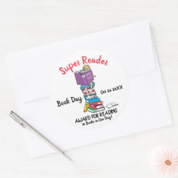 Super reader girl on books reading book day award classic round sticker ...
