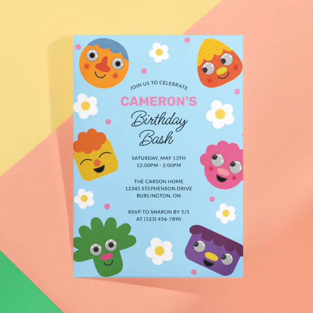 Super Simple Noodle Pals Blue Floral Birthday Invitation Zazzle