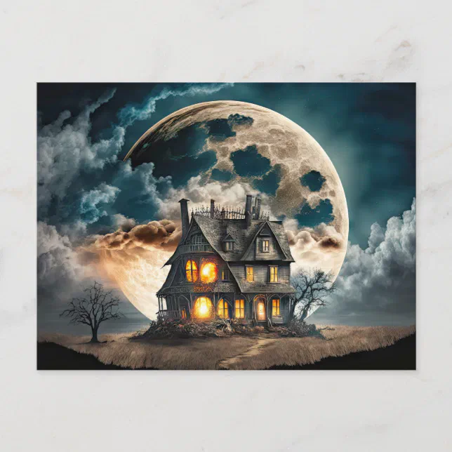 Super Spooky Haunted House Under A Full Moon Postcard | Zazzle