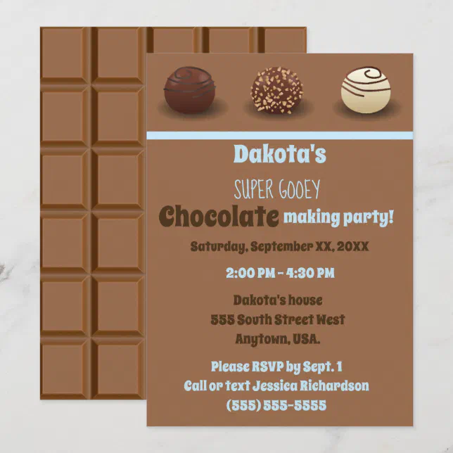 Super Sweet Chocolate Making Birthday Party Blue Invitation | Zazzle