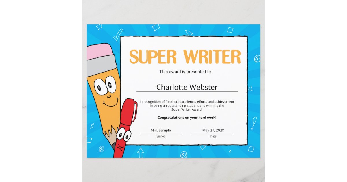 Super Writer Student Recognition Certificates | Zazzle