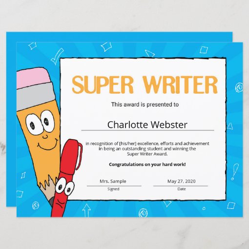 Super Writer Student Recognition Certificates | Zazzle