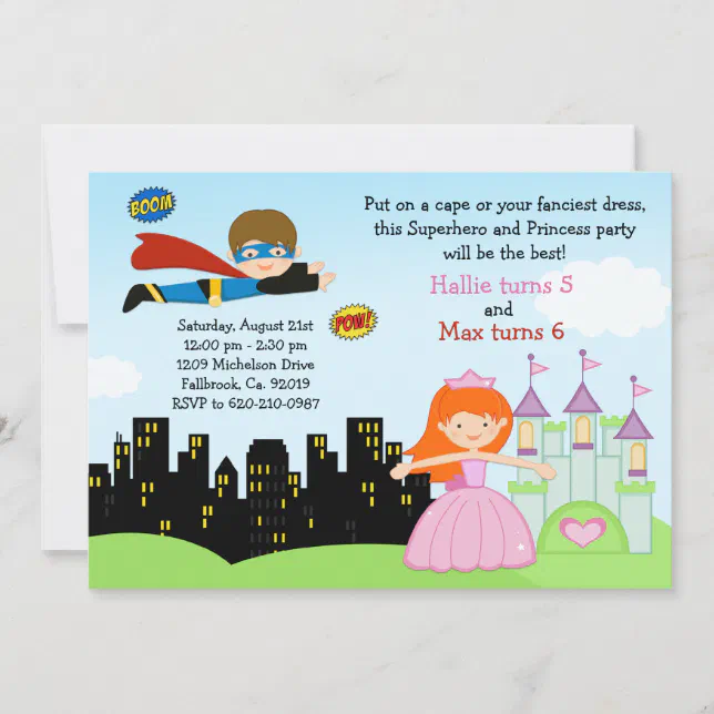 Superhero and Princess Birthday Party Invitation | Zazzle
