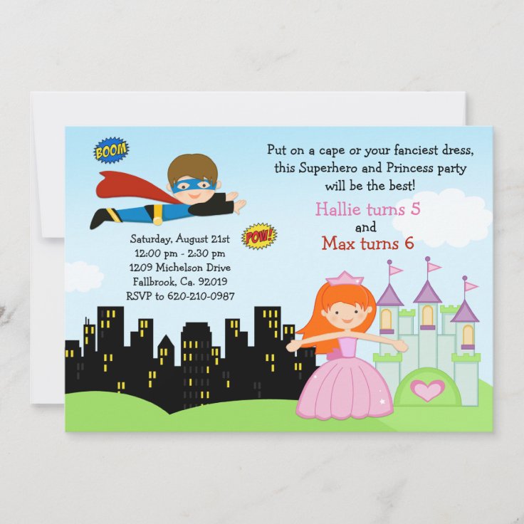 Superhero and Princess Birthday Party Invitation | Zazzle