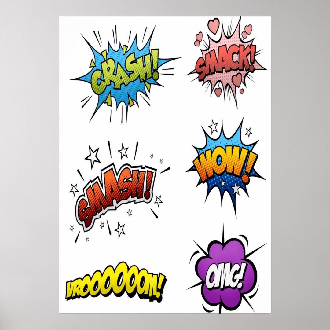 Superhero and super villain onomatopoeia poster | Zazzle