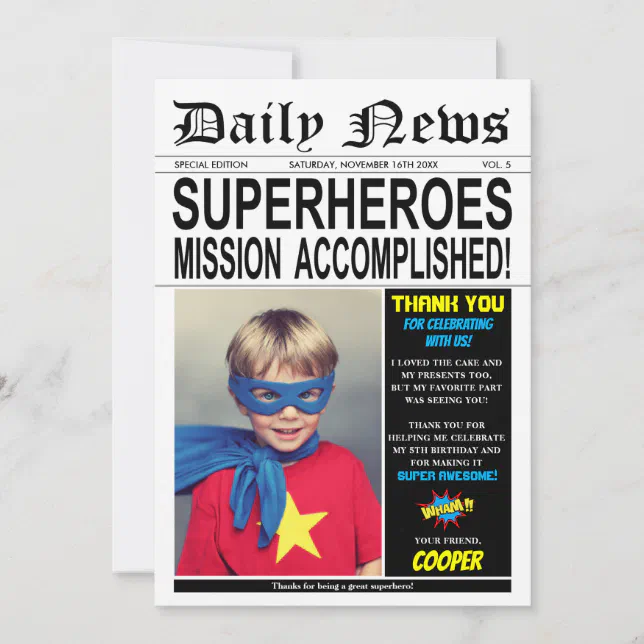 Superhero Birthday Party Super Hero Photo Thank You Card | Zazzle