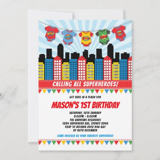Superhero Boy 1st Birthday Cityscape Comic Party Invitation | Zazzle