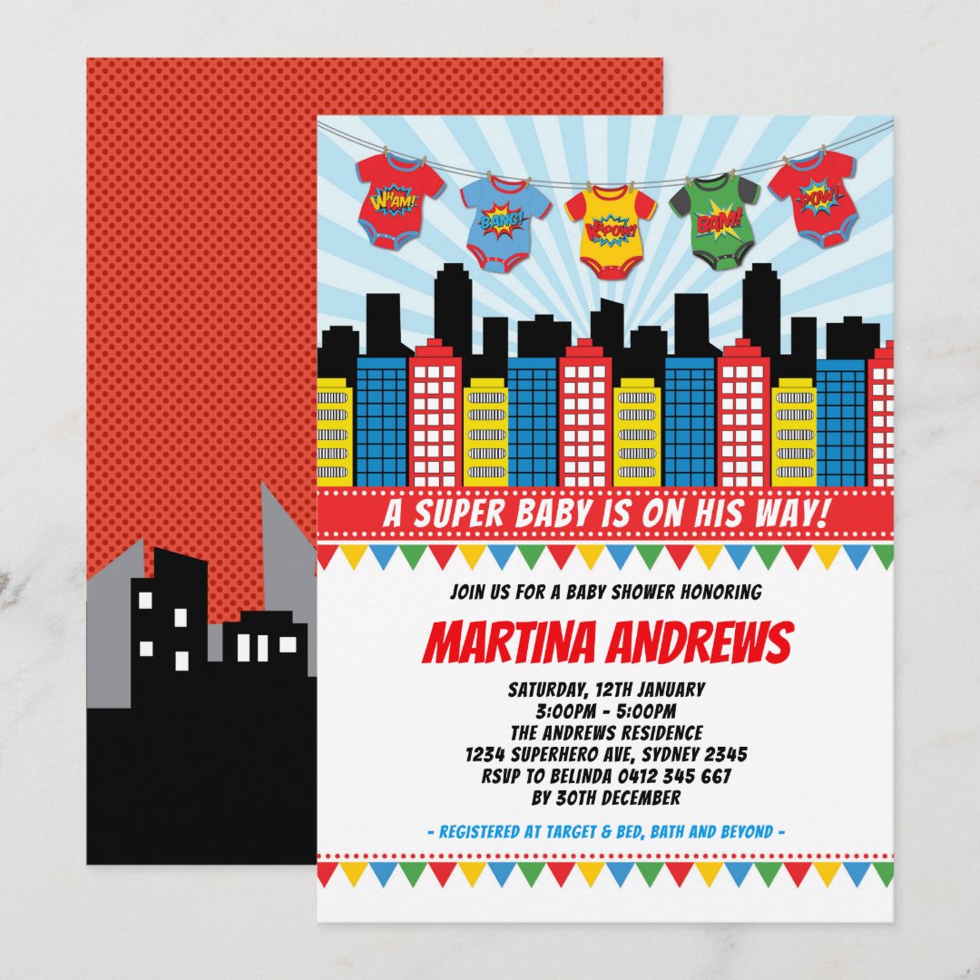 Superhero Boy Baby Shower Cityscape Comic Party Invitation | Zazzle