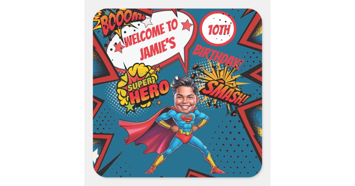 Superhero Caricature Action-Packed Boys Birthday Square Sticker | Zazzle