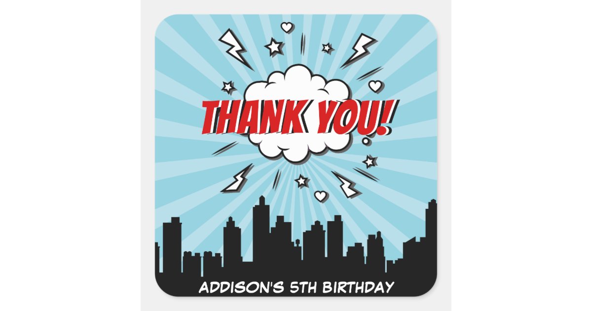 Superhero Comic Birthday Party Thank You Sticker | Zazzle