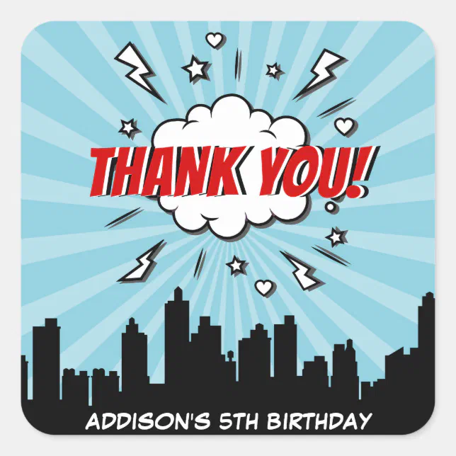 Superhero Comic Birthday Party Thank You Sticker | Zazzle