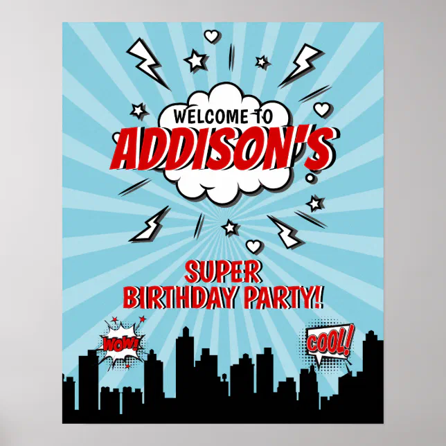 Superhero Comic Birthday Party Welcome Poster | Zazzle