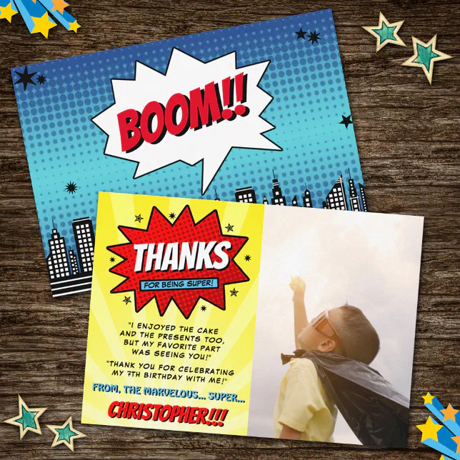 Superhero Comic Book Any Age Birthday Photo Thank You Card | Zazzle