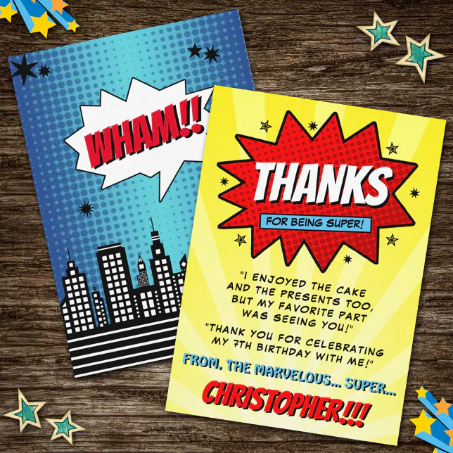 Superhero Comic Book Any Age Birthday Thank You Card | Zazzle
