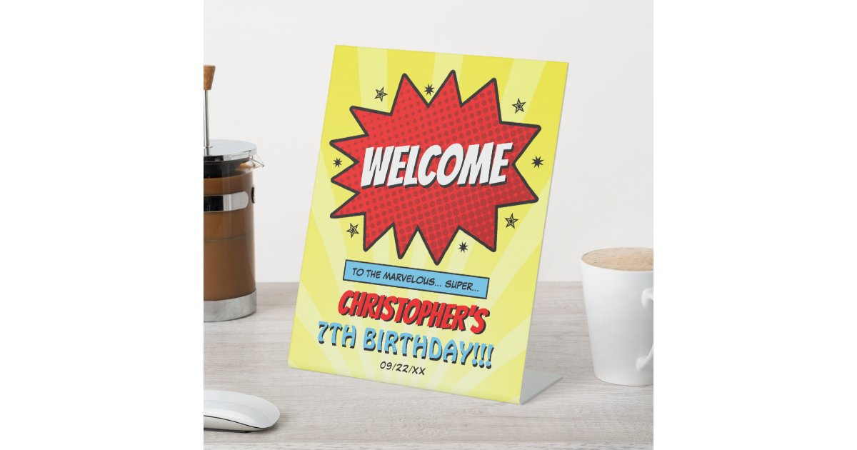 Superhero Comic Book Any Age Birthday Welcome Pedestal Sign | Zazzle