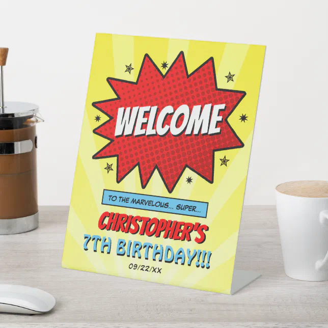 Superhero Comic Book Any Age Birthday Welcome Pedestal Sign | Zazzle