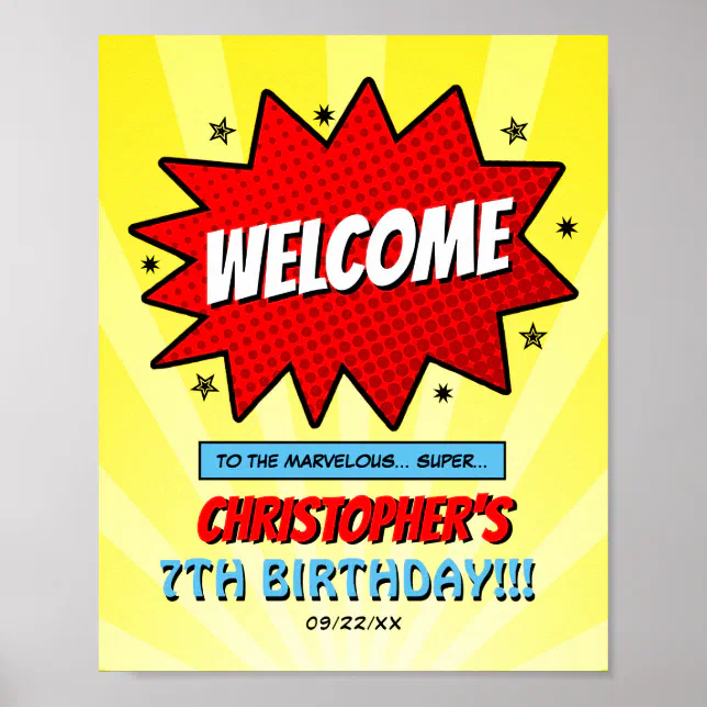 Superhero Comic Book Any Age Birthday Welcome Poster | Zazzle