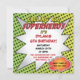 Superhero comic book birthday party photo card | Zazzle