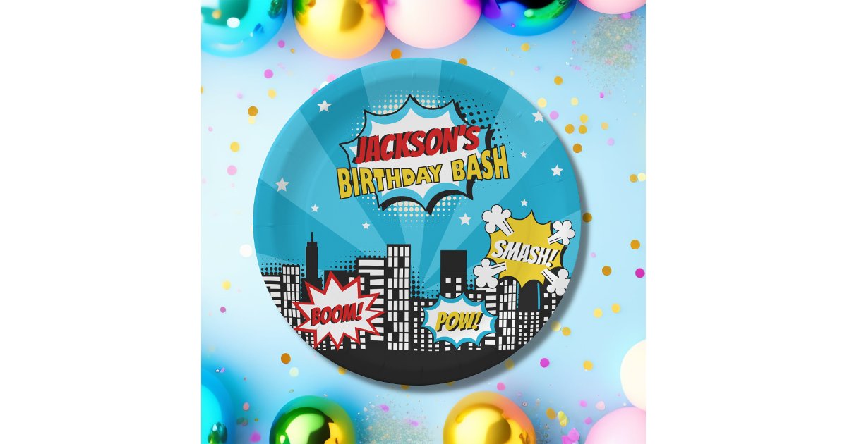 Superhero Comic Book Style Boy Birthday Blue Paper Plates | Zazzle