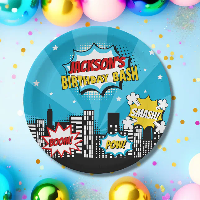 Superhero Comic Book Style Boy Birthday Blue Paper Plates | Zazzle